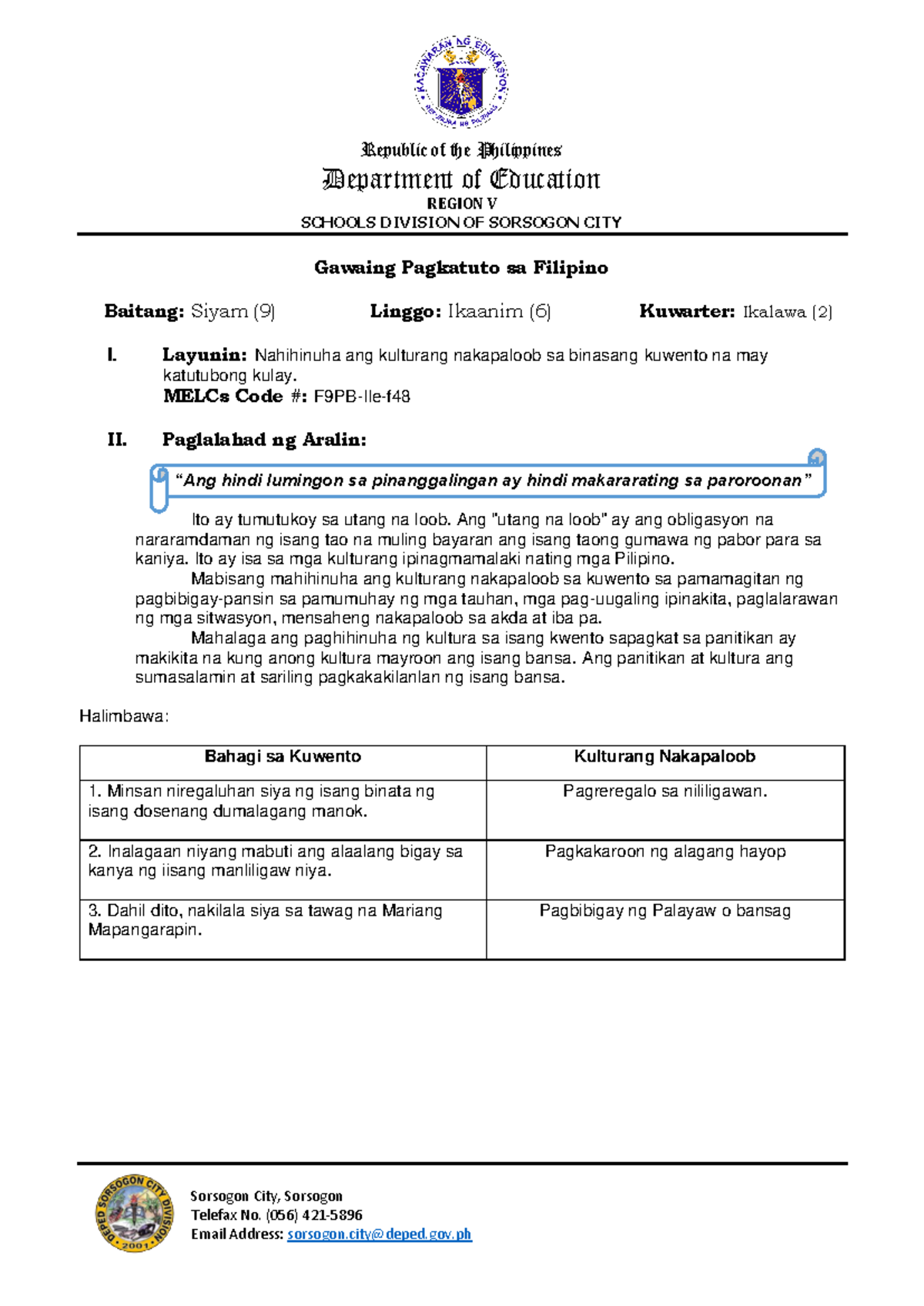 F9Q2 Activity-Sheet 6 - LEARNING ACTIVITY SHEETS IN FILIPINO 9 ...