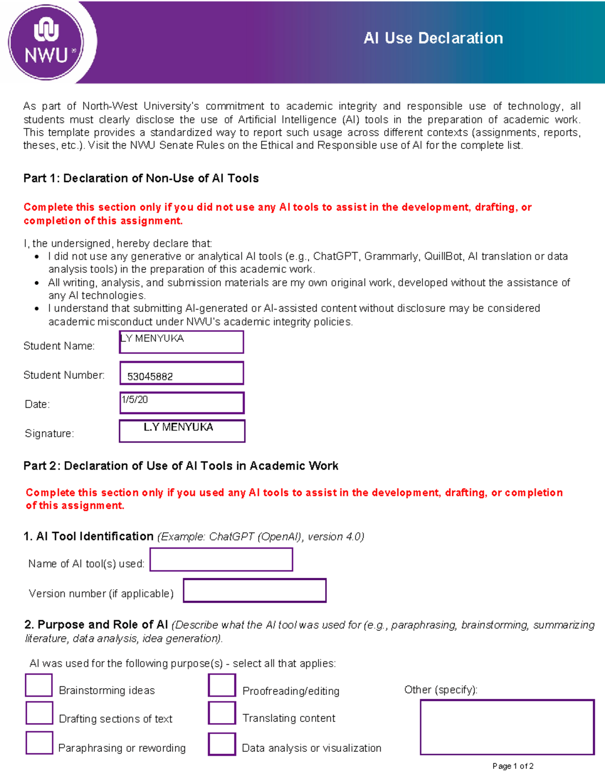 AI Use Declaration Template for Academic Integrity - Studocu