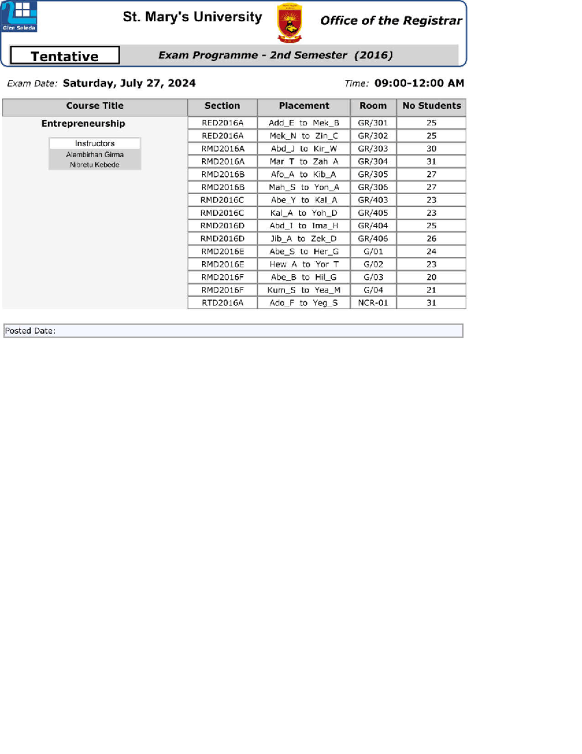 2016 E C Second Semester Regular Student Tentative Exam Schedule - St ...