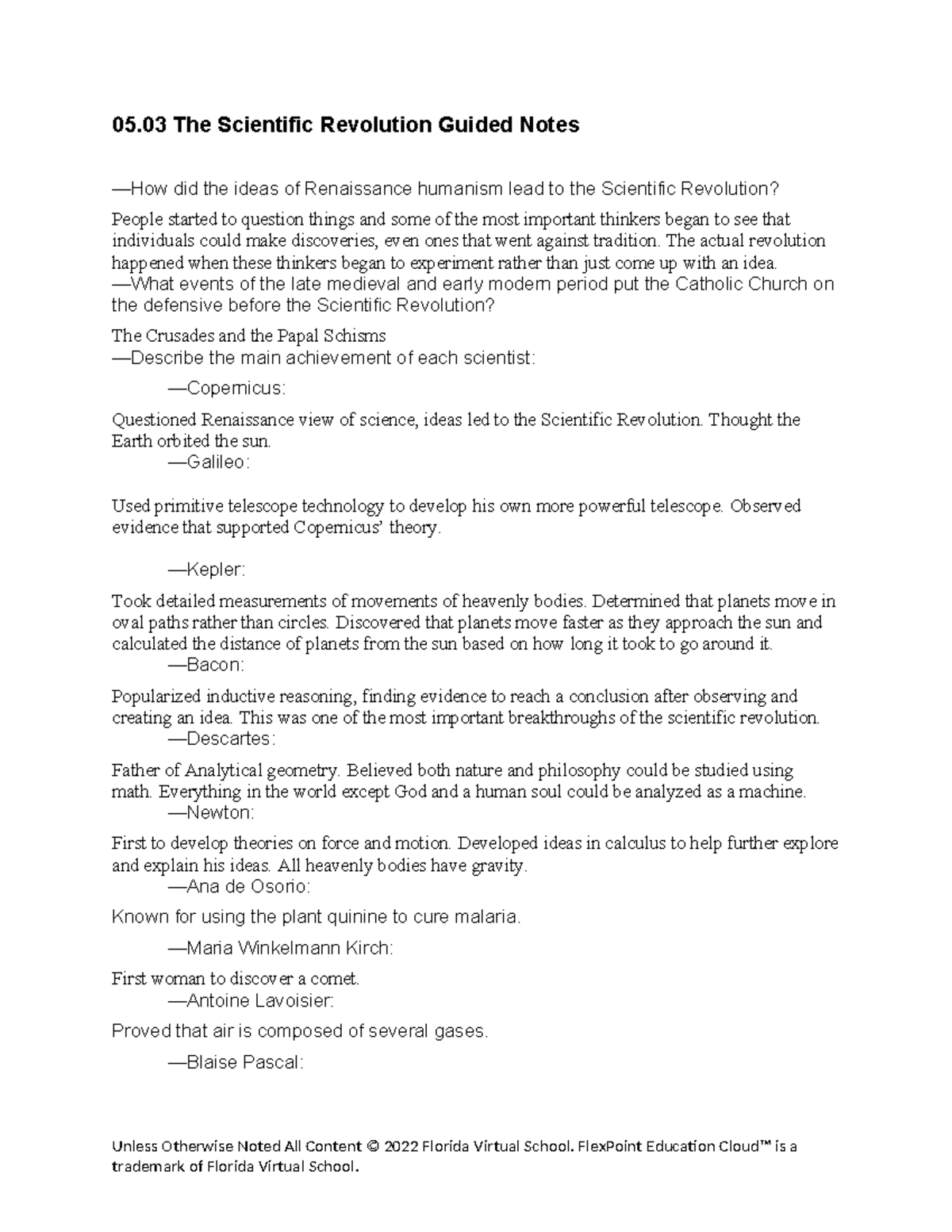 05.03 Guided Notes on the Scientific Revolution and Key Thinkers - Studocu