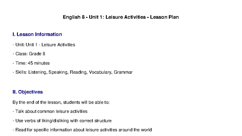 English 8 Unit 1: Leisure Activities Lesson Plan - Studocu