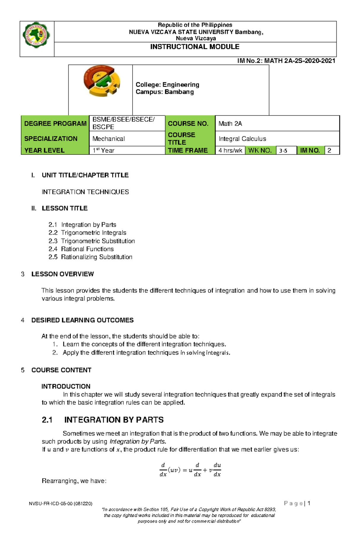 Integral Calculus Lecture Notes - IM No: MATH 2A-2S-2020- NVSU-FR-ICD ...