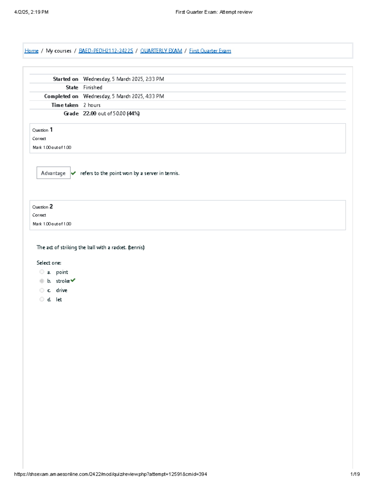 First Quarter Exam Review for BAED-PEDH2112-2422S - Studocu