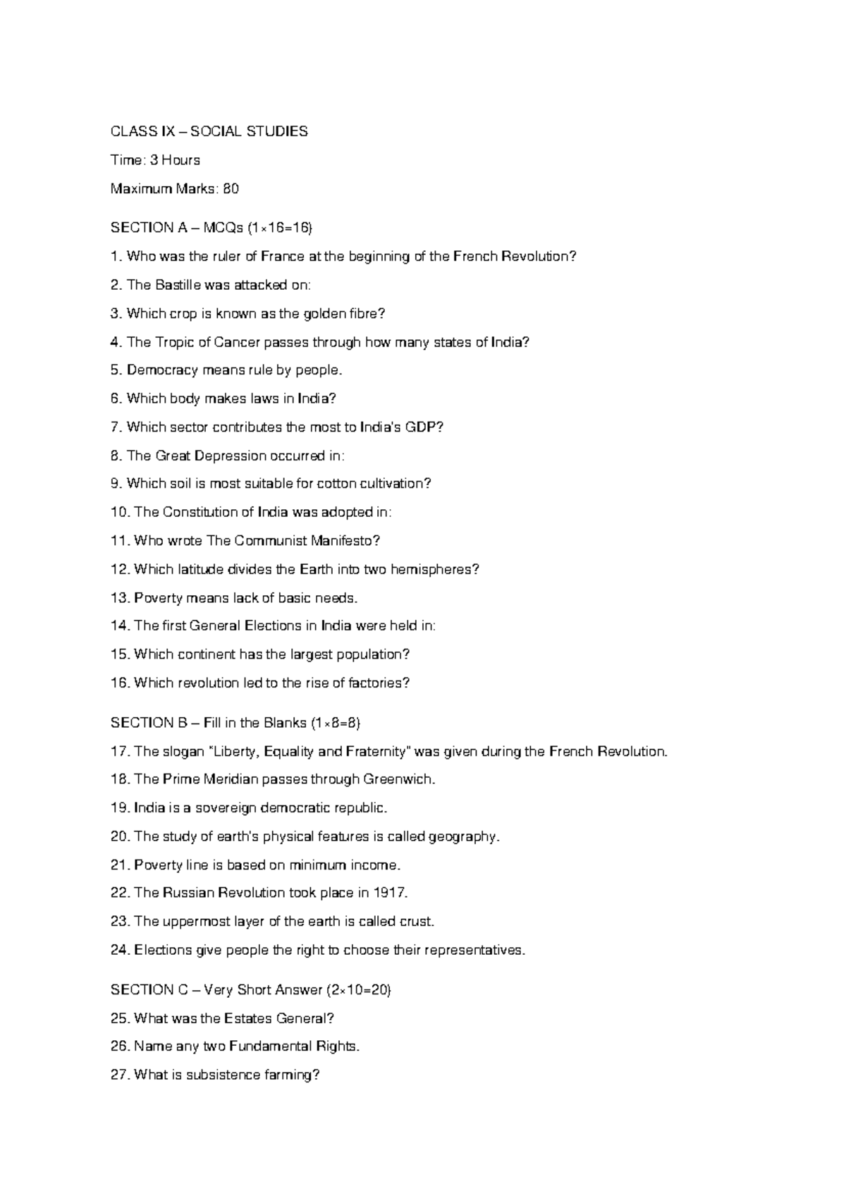 Class IX Social Studies Question Paper - 3 Hours, 80 Marks - Studocu