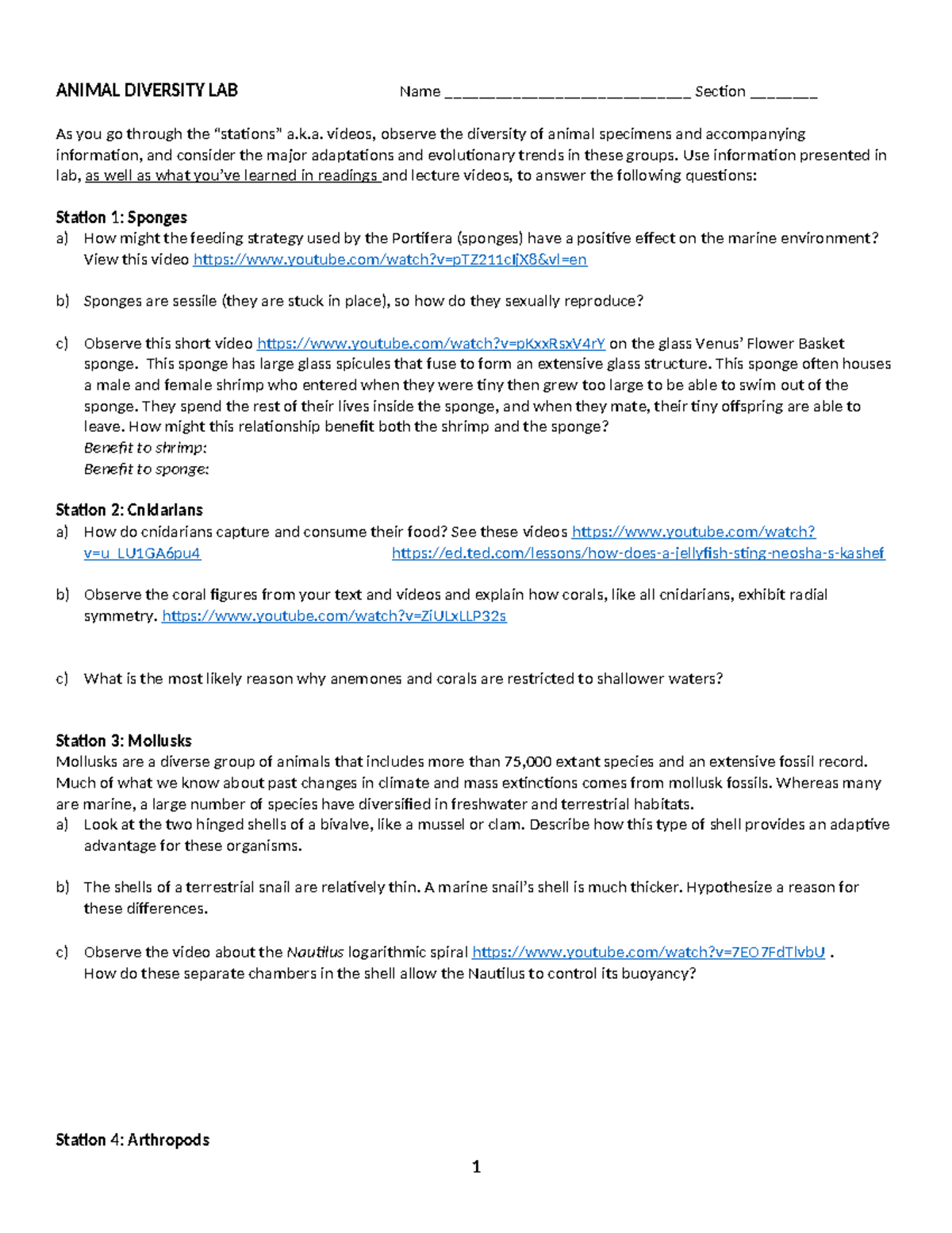 Animal Diversity Lab Worksheet: Exploring Adaptations & Evolution - Studocu
