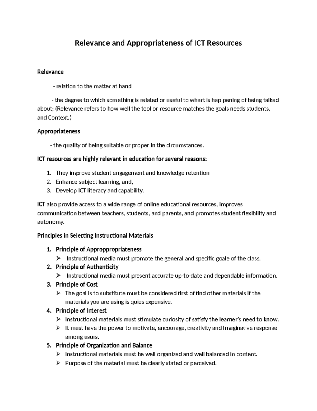 Relevance and Appropriateness of ICT Resources in Education - Studocu