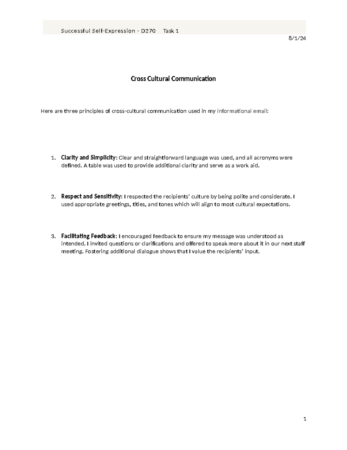 Successful Self-Expression - D270 Task 1: Cross-Cultural Communication ...