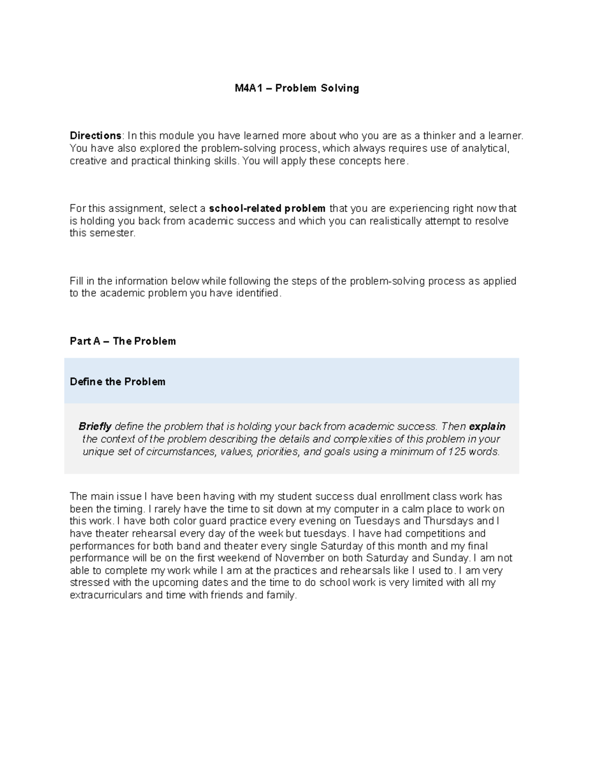 Zoetmulder Katherine M4A1 - M4A1 – Problem Solving Directions: In this ...