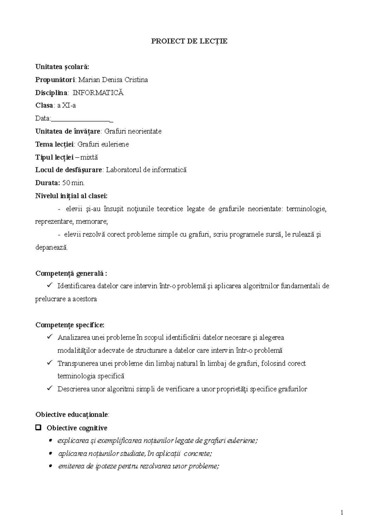 Proiect lectie - Structuri de date Grafuri euleriene - informatica - 1 ...