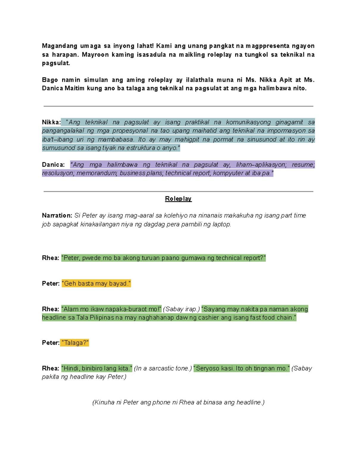 Technical Writing Roleplay Script | Group 1 Presentation - Studocu