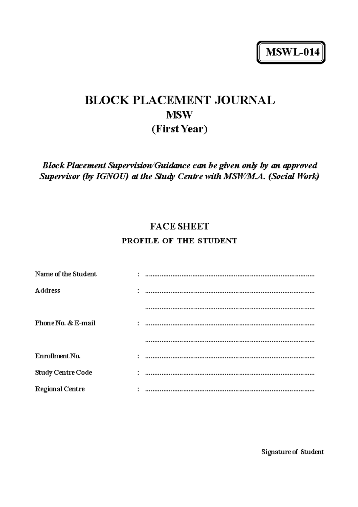 MSWL-14 Block Placement Journal: First Year MSW Practicum Guide - Studocu