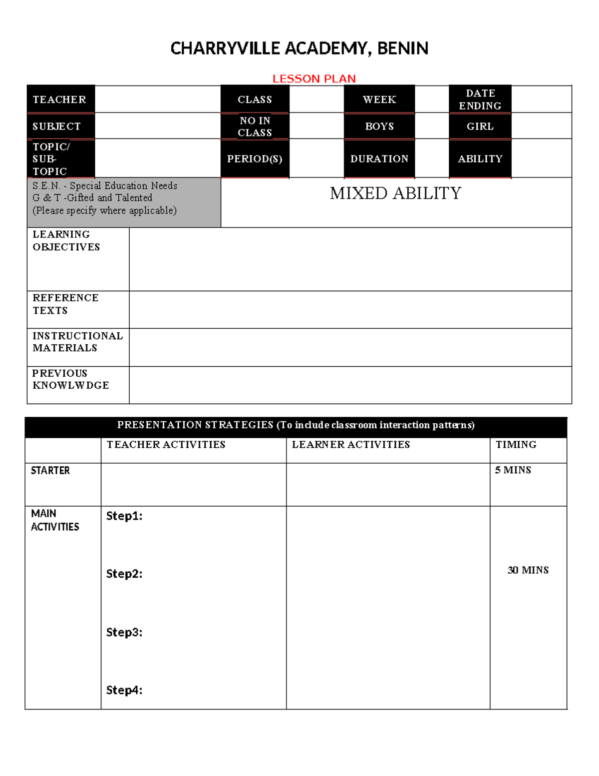 CHARRYVILLE ACADEMY, BENIN LESSON PLAN FORMAT - Studocu