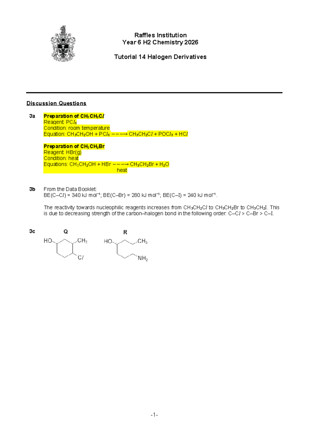 2026 H2 Chemistry Tutorial 14: Halogen Derivatives Discussion Questions ...