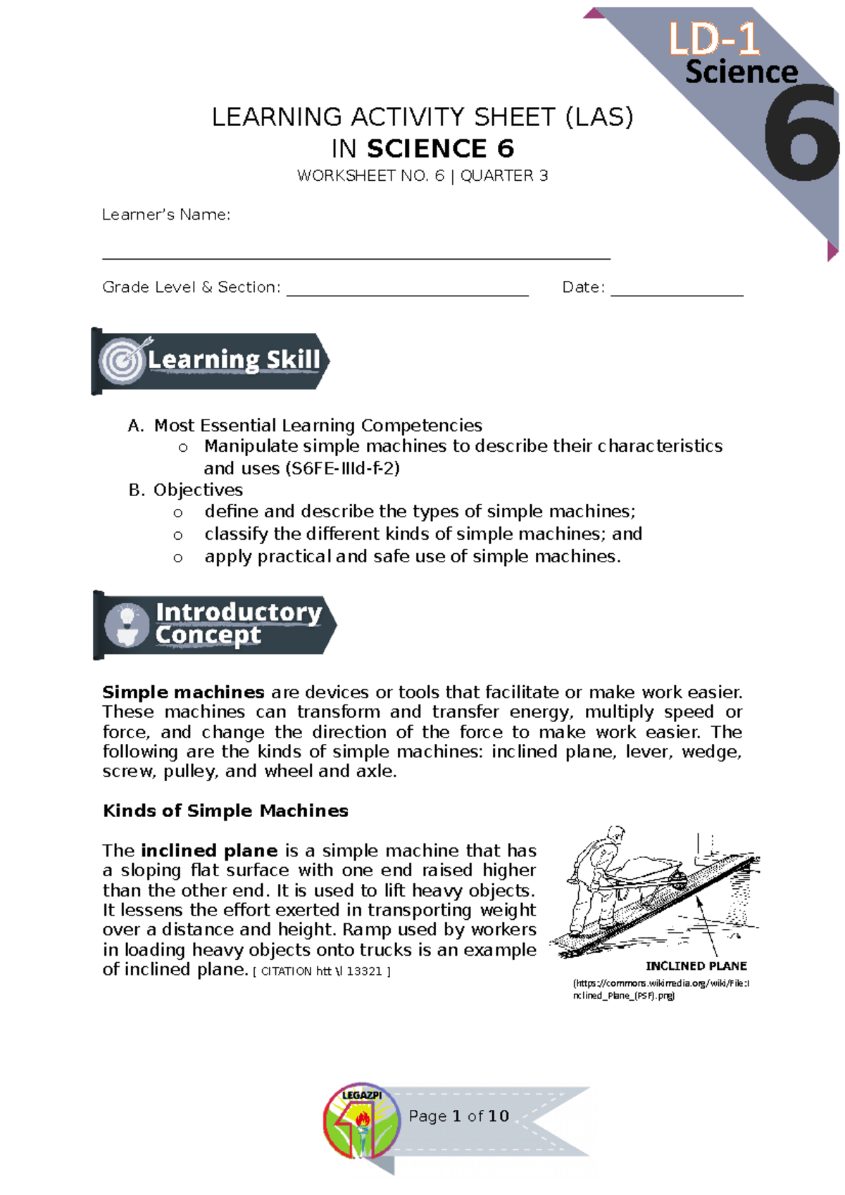 Learning Activity Sheet Simple Machine - LEARNING ACTIVITY SHEET (LAS ...