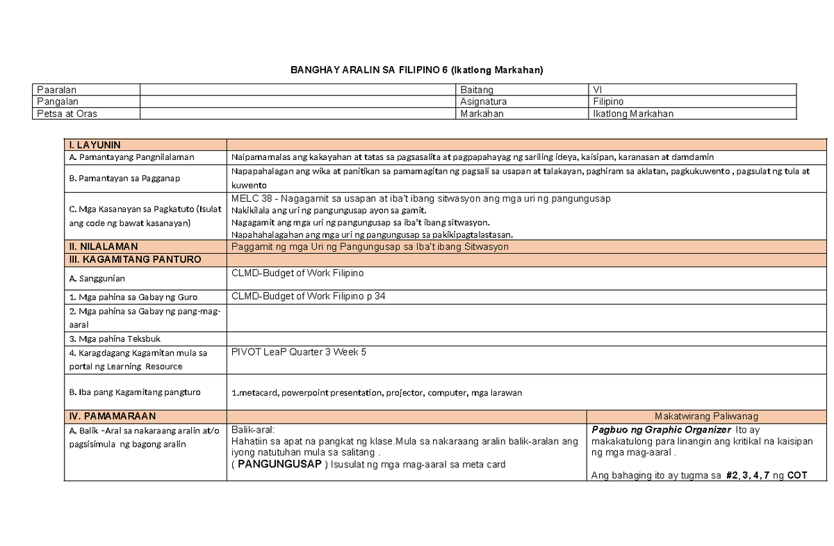 BANGHAY ARALIN SA FILIPINO 6 (Ikatlong Markahan) - Pagsusuri ng ...