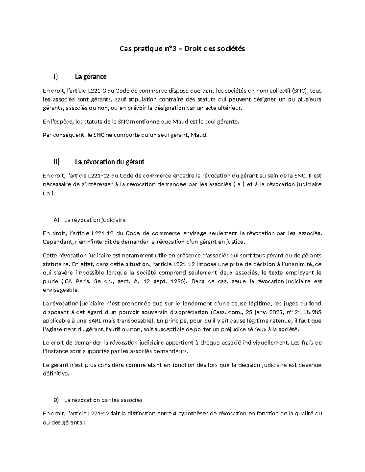 TD n°3 - Cas Pratique sur la Gérance et Révocation en SNC - Studocu