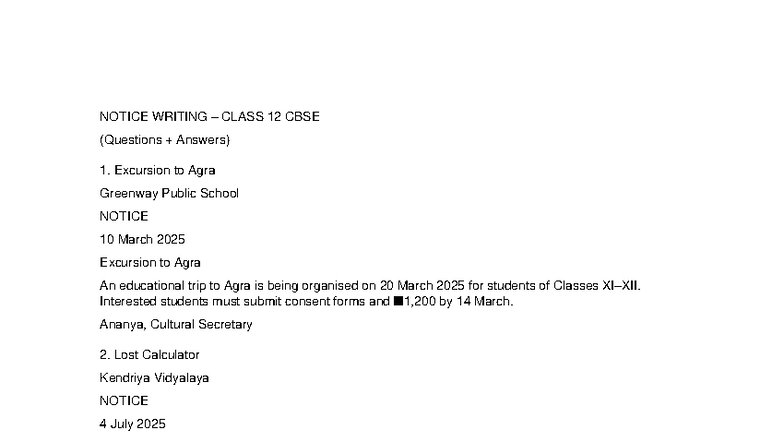 Notice Writing Guide for Class 12 CBSE Students - Studocu