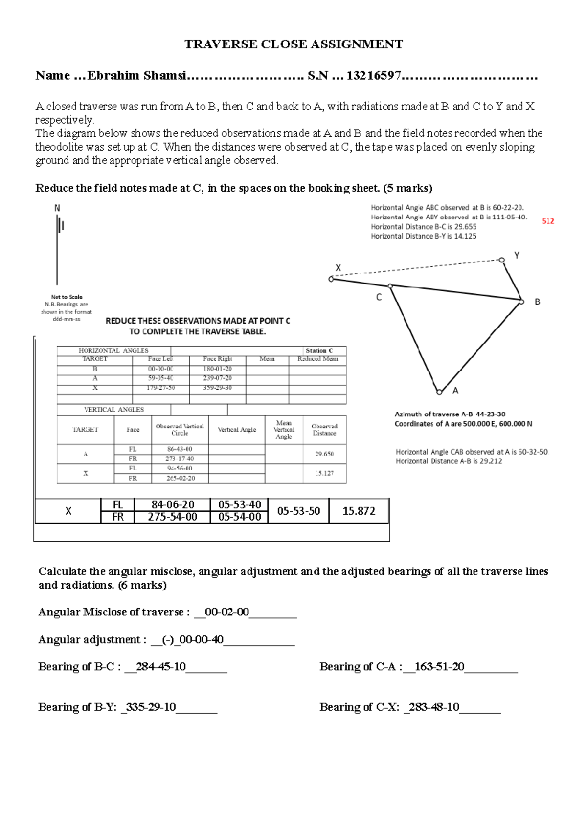 A2 Traverse Assignment booking sheet - TRAVERSE CLOSE ASSIGNMENT Name ...