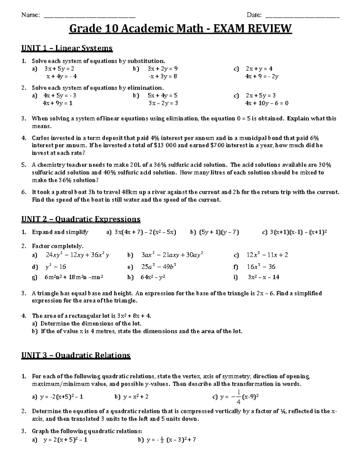 Grade 10 Academic Math Final Exam Review: Linear Systems & Quadratics ...