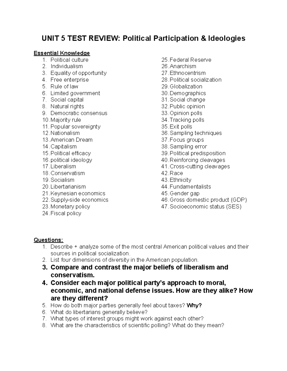 UNIT 5 TEST REVIEW: Political Participation & Ideologies (2022-23 ...