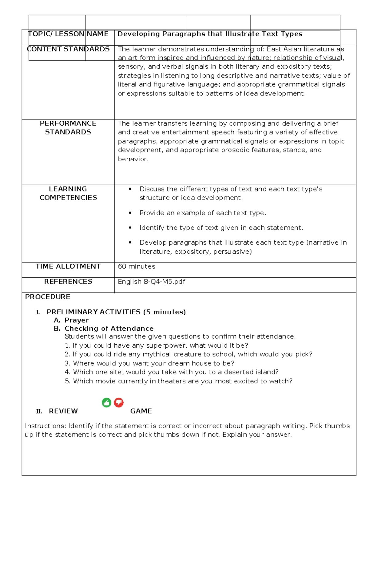 LP 2 2024 - Lesson Plan on Developing Paragraphs for Text Types - Studocu