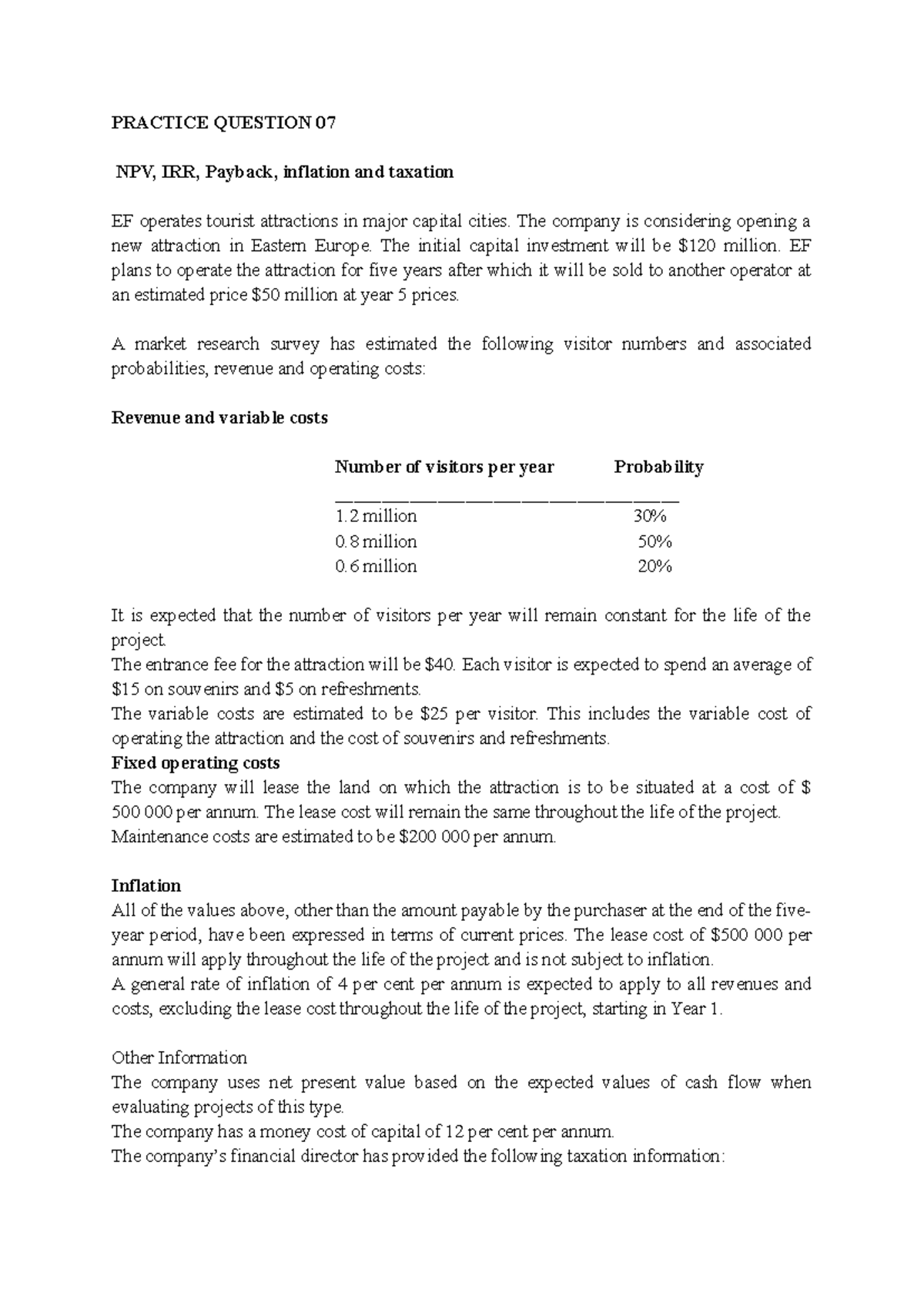 Practice Question 07: NPV, IRR, Payback Analysis - NUST - Studocu