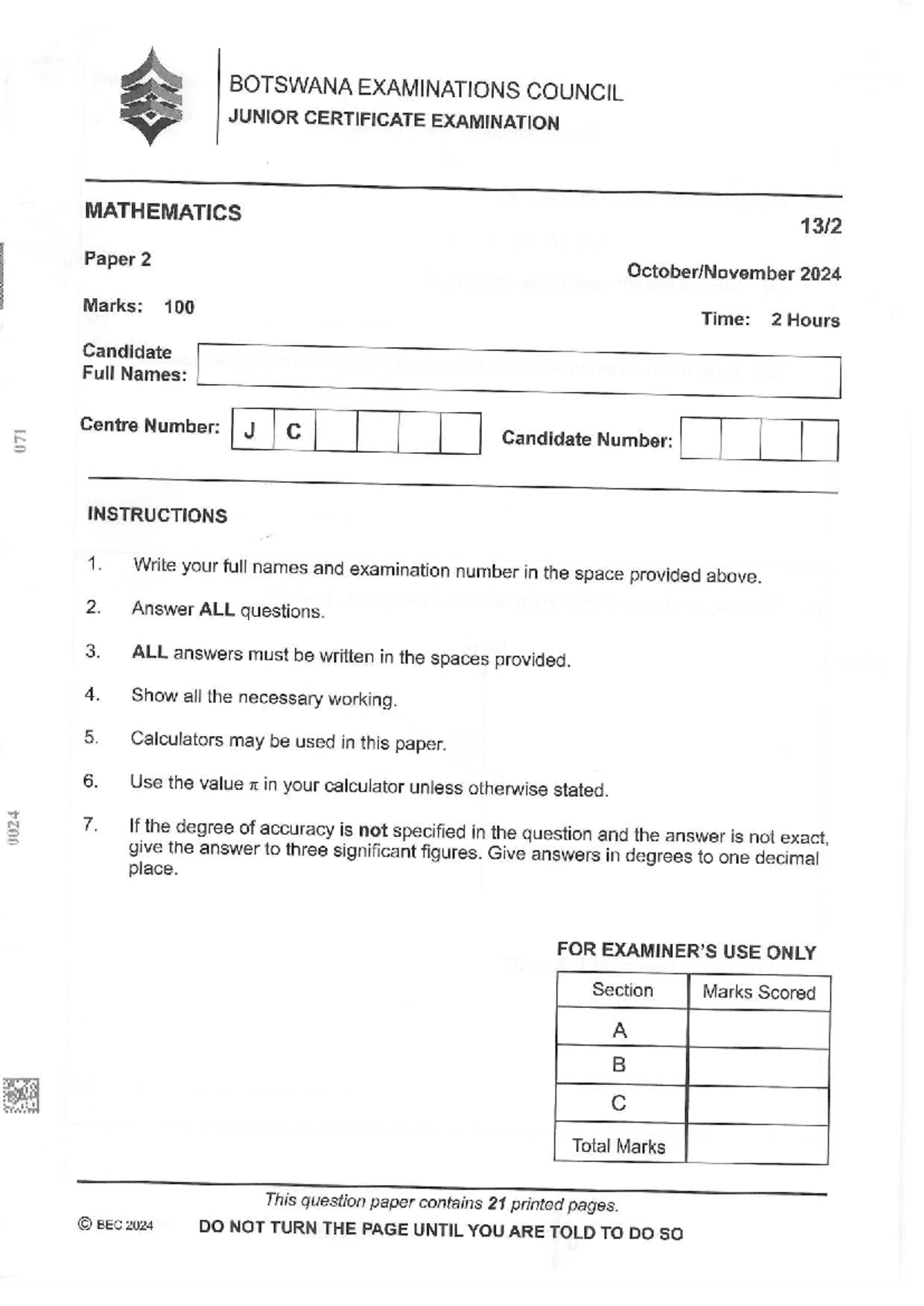 Mathematics Paper 2 JC 2024 Examination Guide - Studocu