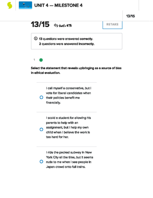 Introduction TO Ethics Milestone 3 - UNIT 3 MILESTONE 3 RETAKE i 14 ...