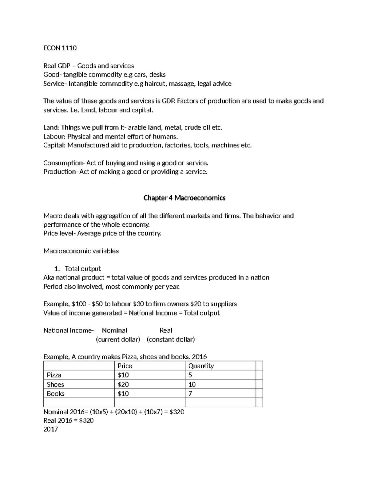 ECON 1110 Ch 4 - Chapter 4 lecture notes - ECON 1110 Real GDP – Goods ...
