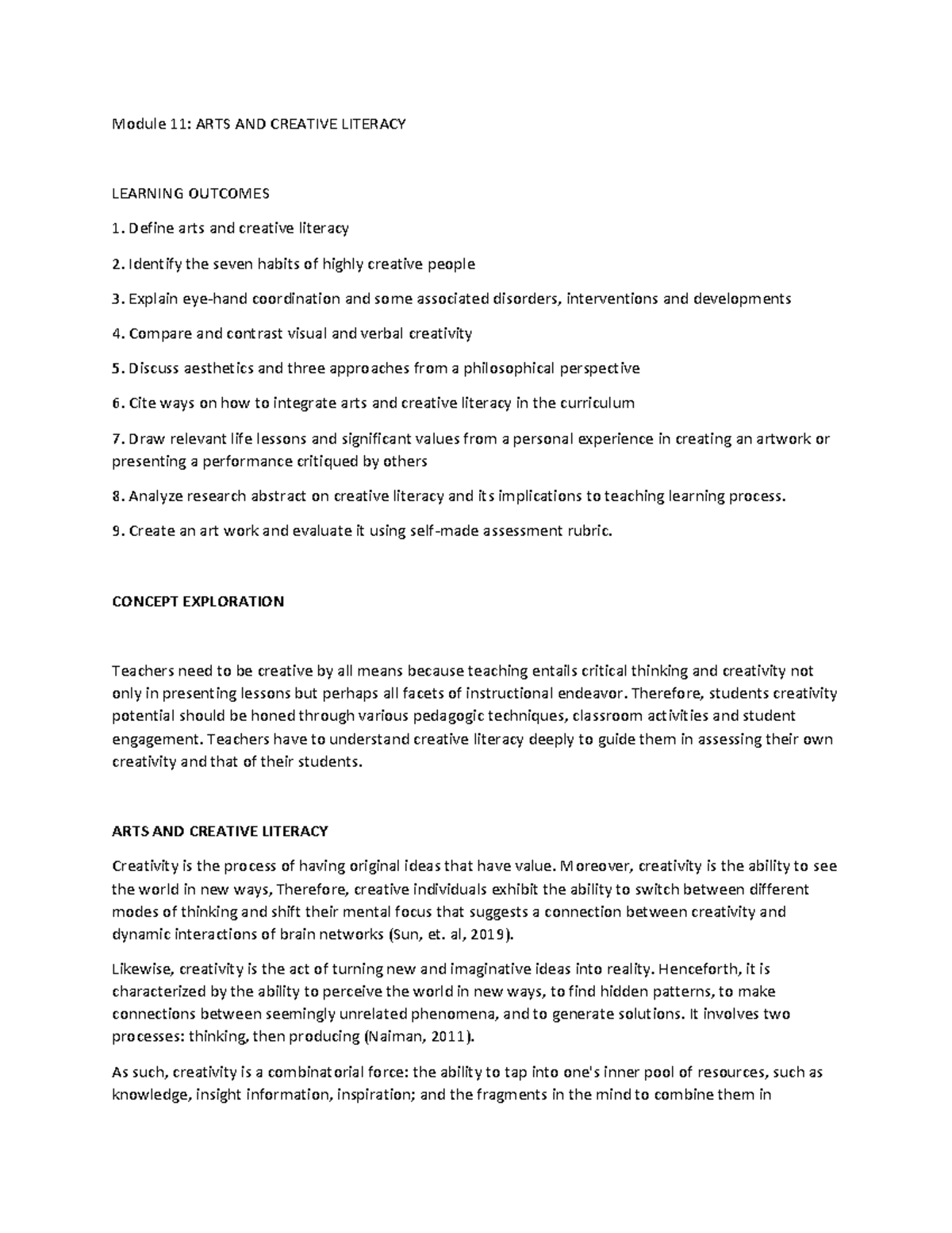 Module 11: Exploring Arts and Creative Literacy in EDUC 20 - Studocu