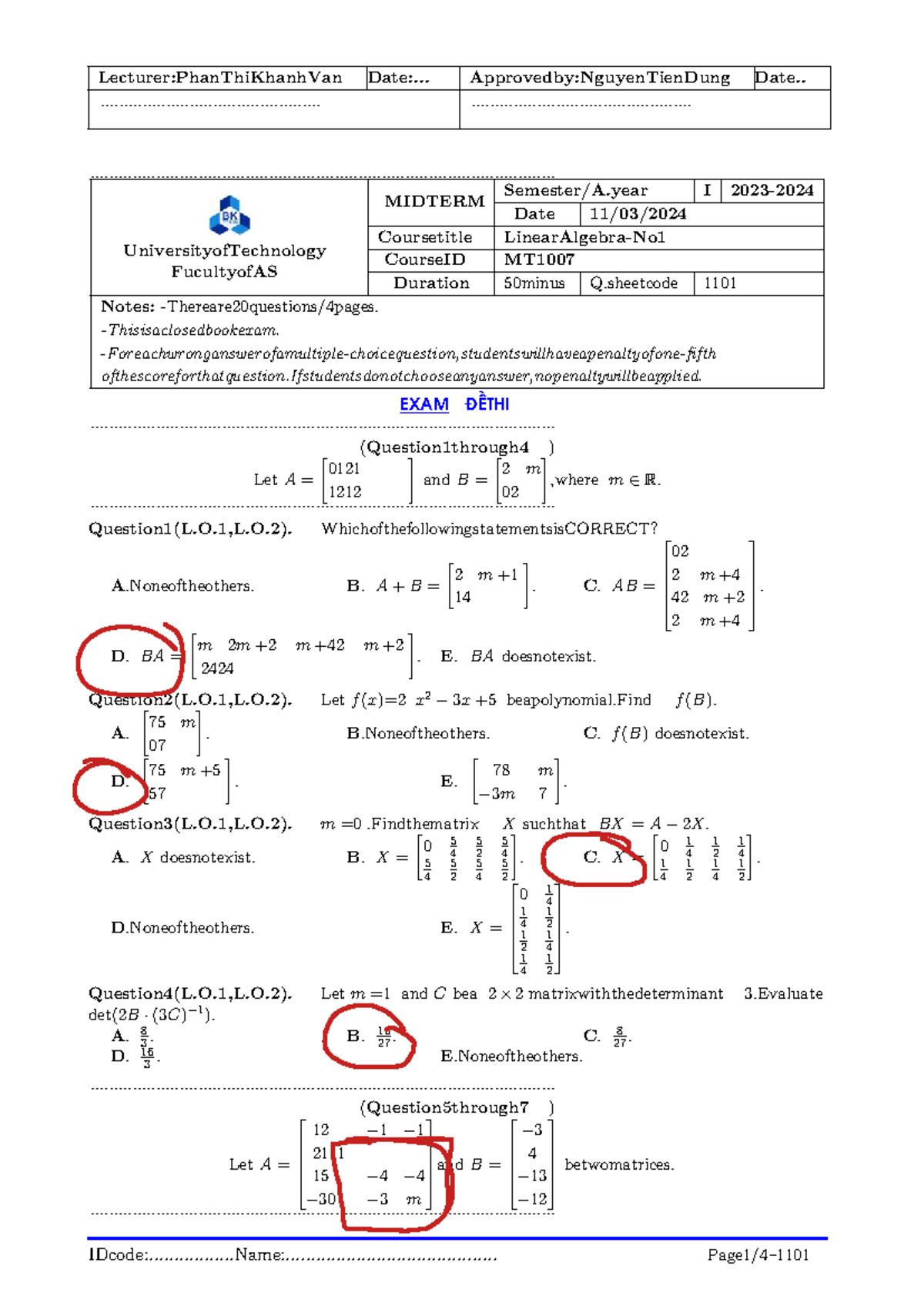 Midterm Exam MT1007: Linear Algebra Questions and Answers - Studocu