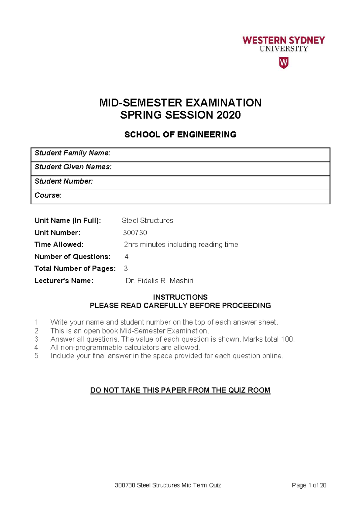 300730 Steel Structures Mid Term Exam Solutions Spring 2020 - Studocu