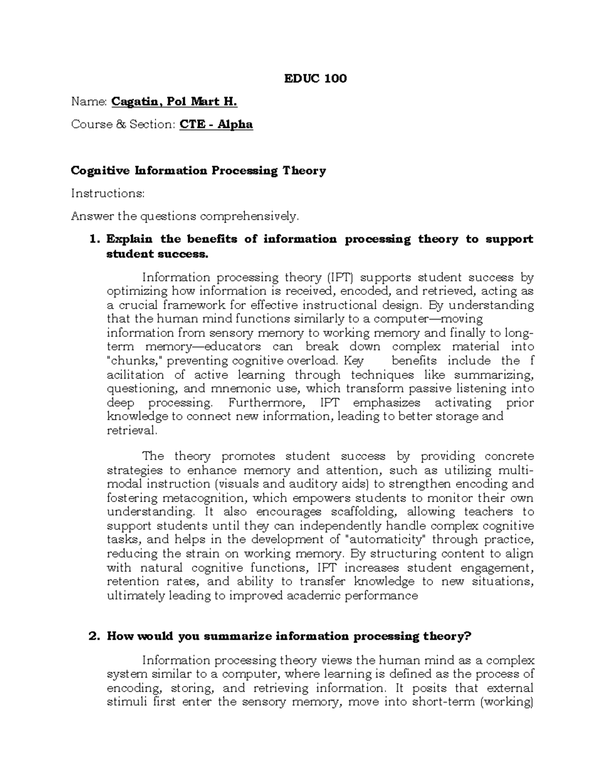 EDUC 100: Cognitive Information Processing Theory Overview and ...