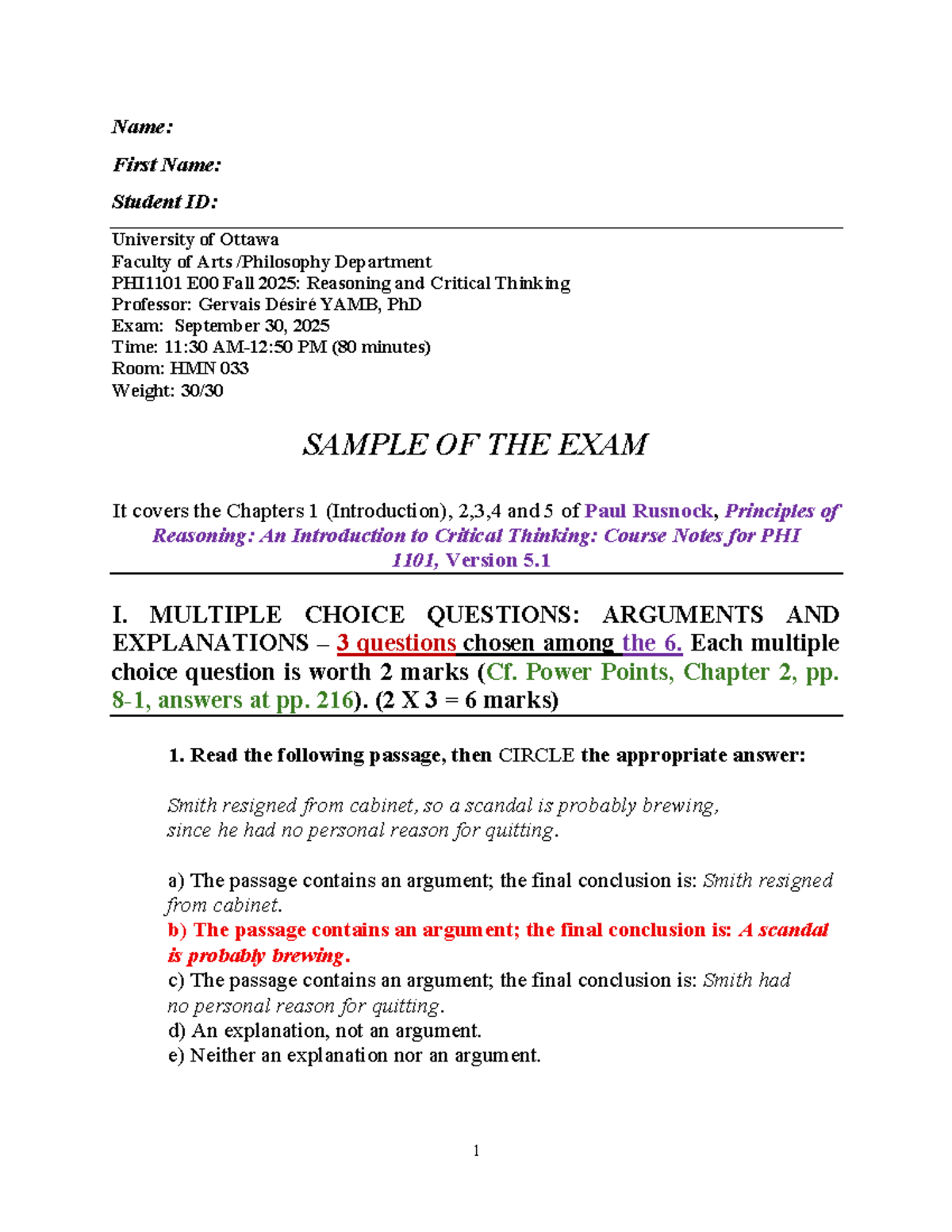 Exam 1 Sample for PHI1101 E00: Reasoning & Critical Thinking - Studocu
