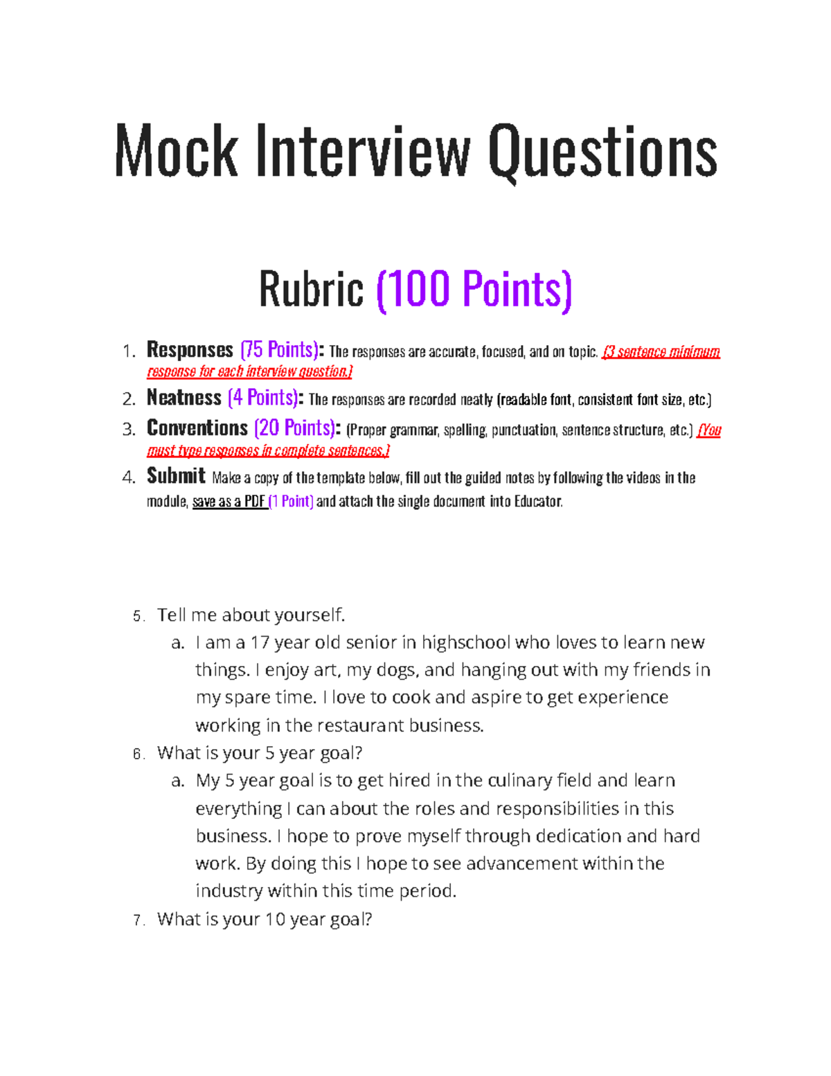 Cooking Lab 6 - food - Mock Interview Questions Rubric (100 Points) 1 ...