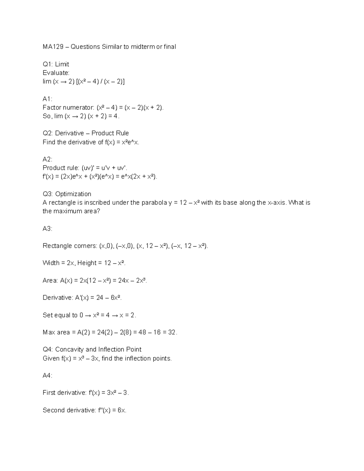 MA129 Midterm/Final Exam Questions on Limits and Derivatives - Studocu