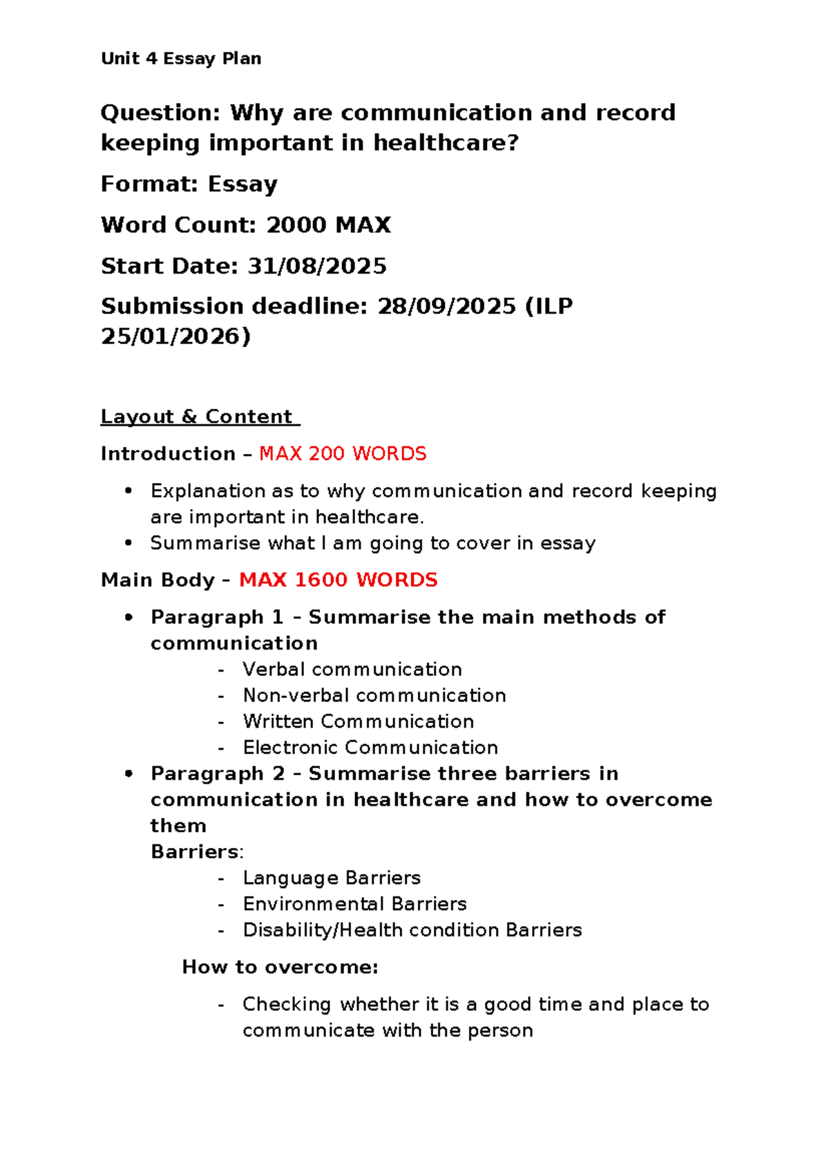 Unit 4 Essay Plan: Importance of Communication & Record Keeping in ...