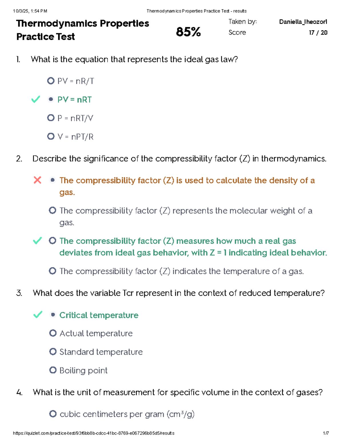Thermodynamics Properties Practice Test Results (Course Code: THERMO101 ...