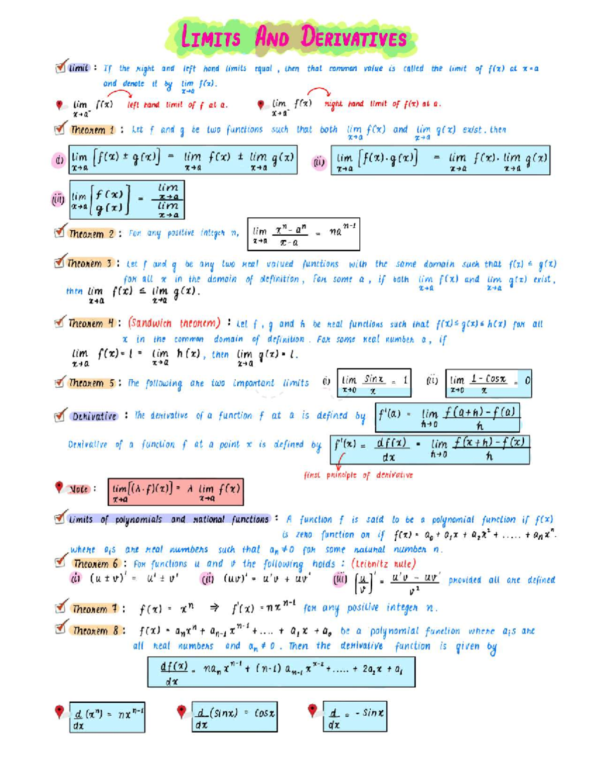 Limits and Derivatives: Key Theorems and Definitions - Studocu