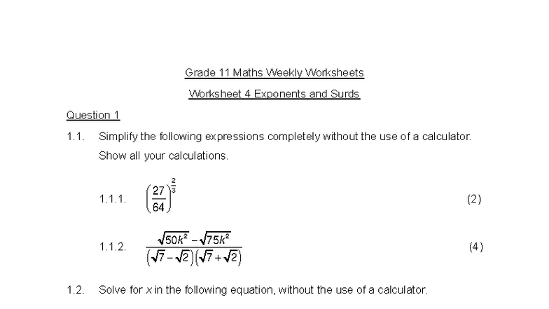 Grade 11 Maths Weekly Worksheet 4: Exponents & Surds Review - Studocu