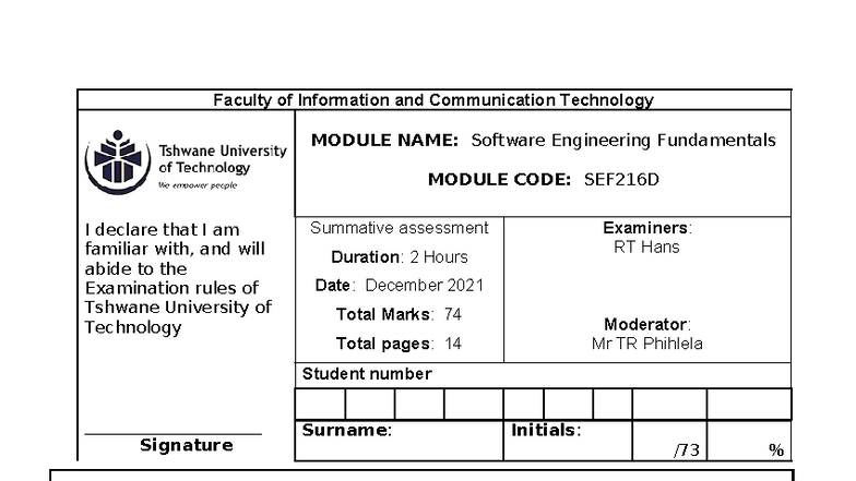 SEF216D - Software Engineering Fundamentals - Summative Exam 2021 - Studocu