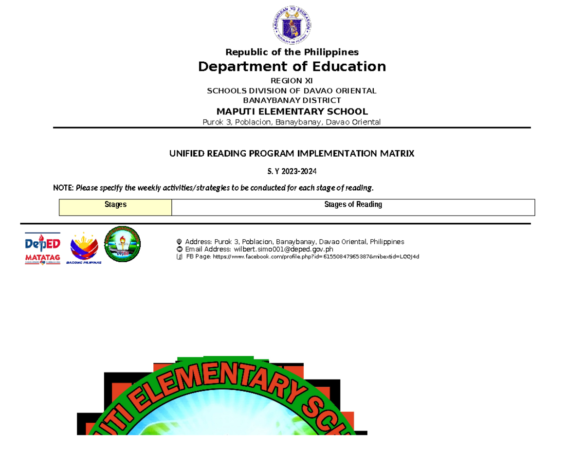 Unified Reading Program Implementation Matrix SY 2023-2024 - Studocu
