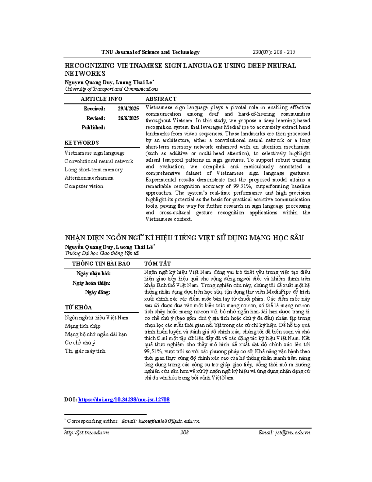 Deep Learning for Vietnamese Sign Language Recognition: A Study - Studocu