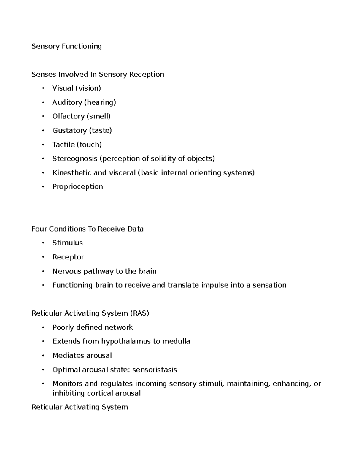 Sensory Functioning: Assessment & Care Strategies for Patients - Studocu