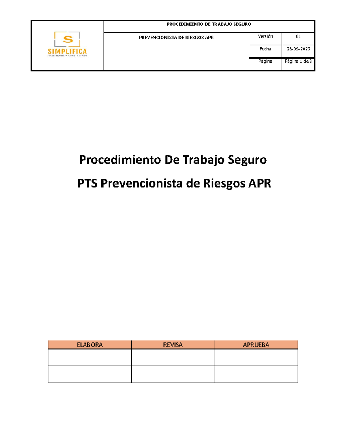Procedimiento de Trabajo Seguro PTS para Prevencionista de Riesgos APR ...