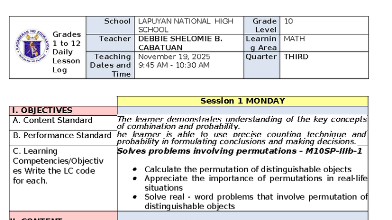 Grade 10 Math Daily Lesson Log: Permutations (DLL) - Studocu