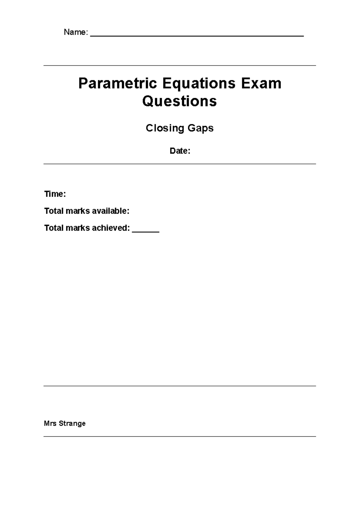Parametric Equations Exam Questions Revision (Course Code: MATH101 ...