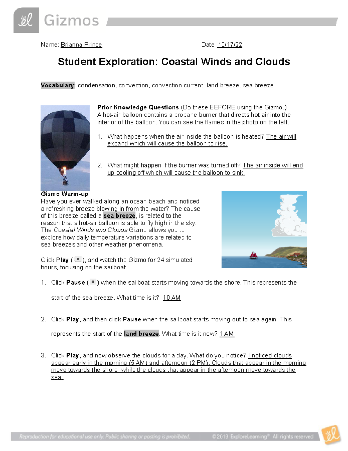 Student Exploration: Coastal Winds and Clouds (Gizmo) 1s Analysis - Studocu
