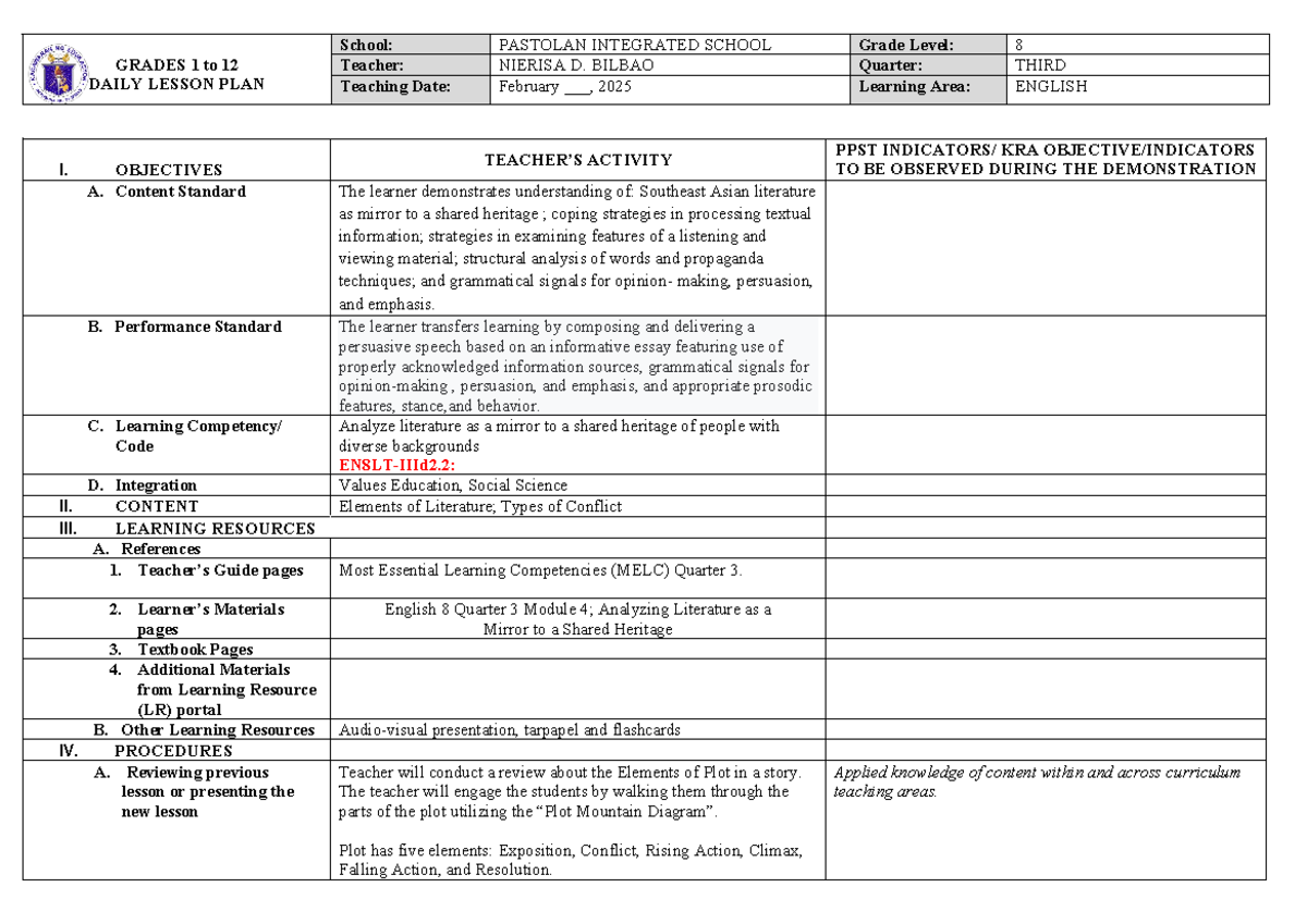Grade 8 English Lesson Plan: Analyzing Literature & Conflict Types ...