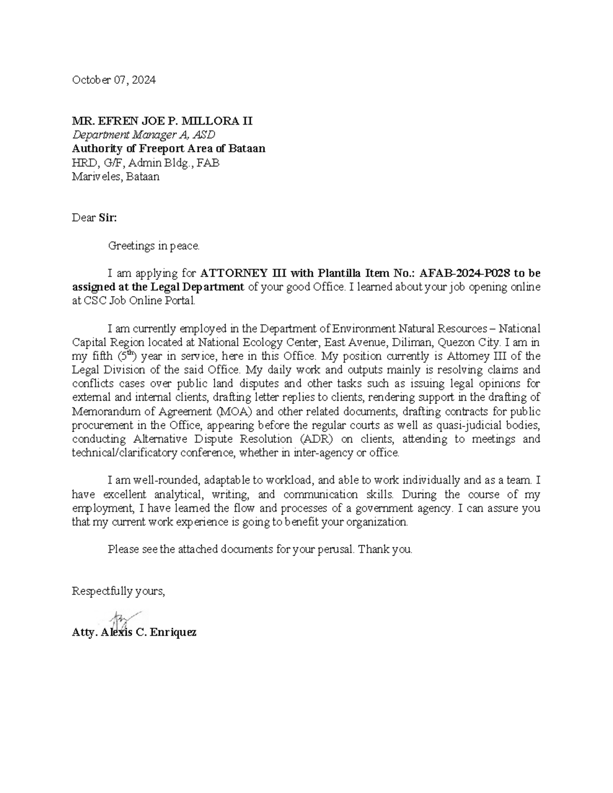 Application Letter for Attorney Position - AFAB Atty Alexis Enriquez ...